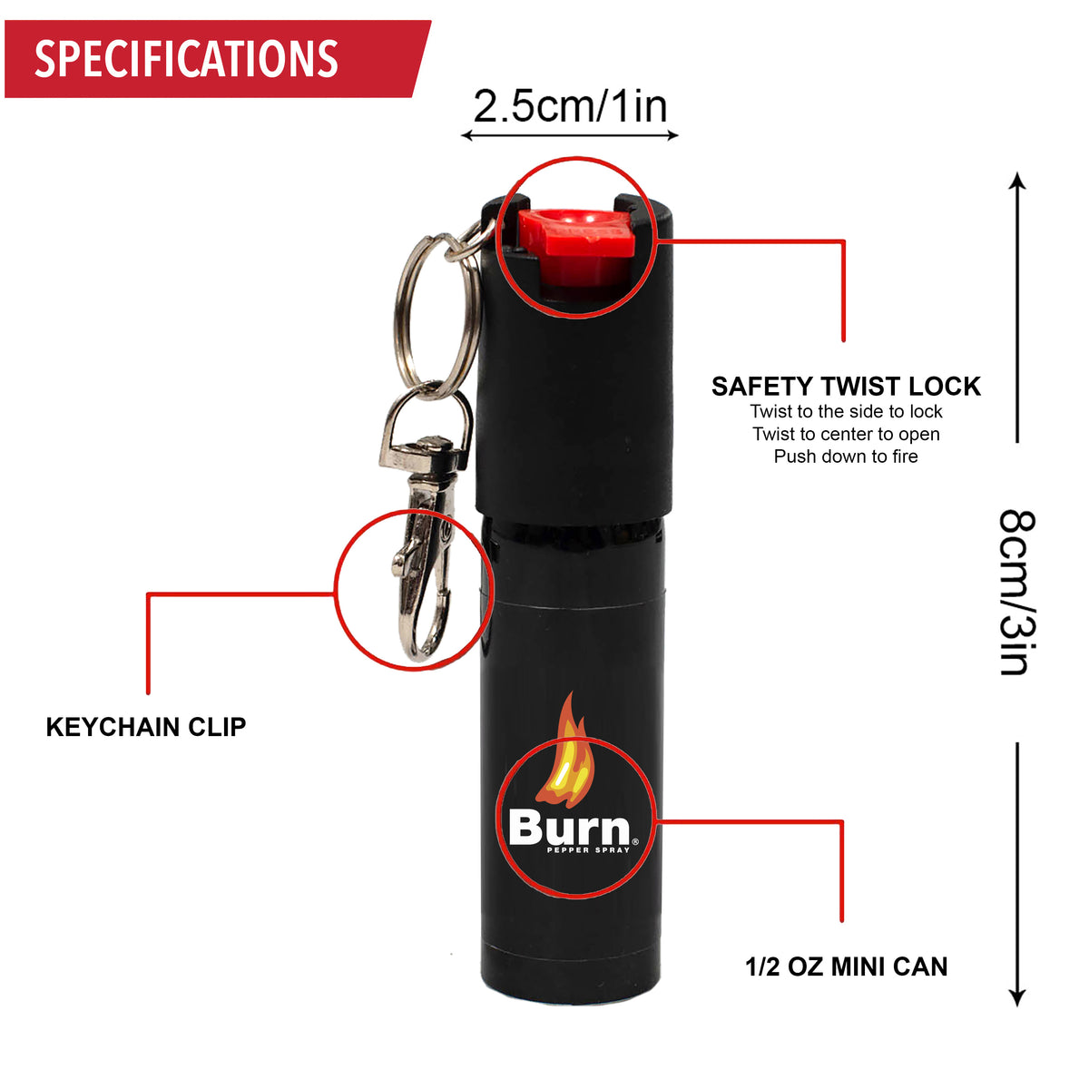Burn Pepper Spray Keychain for Self Defense - Max Strength OC Spray